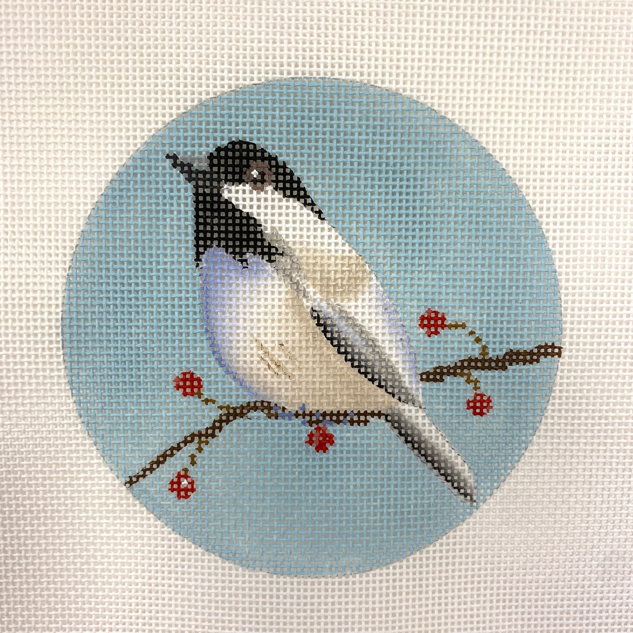 Chickadee wiht Teal Background Needlepoint Canvas – Bargello Needlepoint